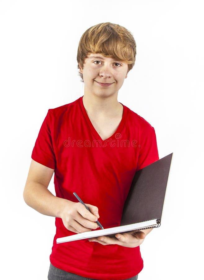 Boy Red Shirts Writes His Book Stock Photos - Free & Royalty-Free Stock ...