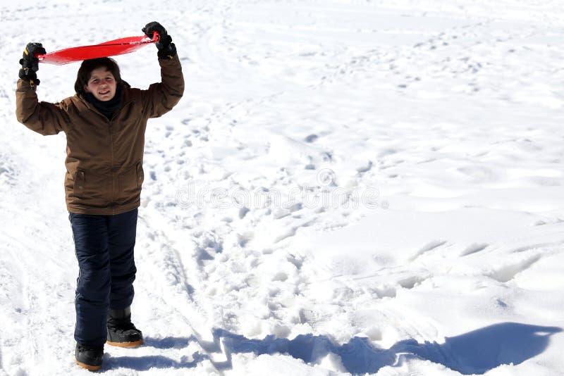 Boy with the Red Snow Sledge in Winter Stock Image - Image of enjoying ...