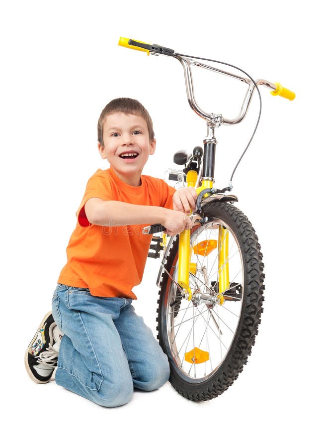 Boy Repair Bicycle Isolated Stock Photo - Image of renovation, cute ...