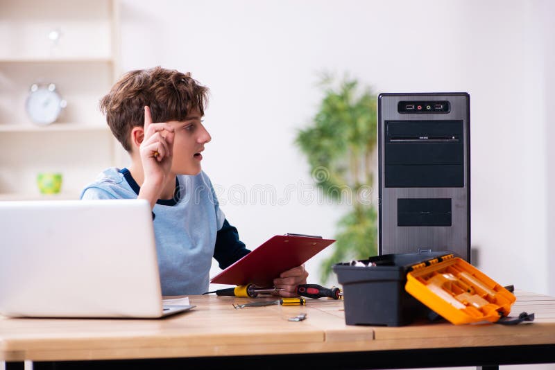 Boy Reparing Computers at Workshop Stock Image - Image of computer ...