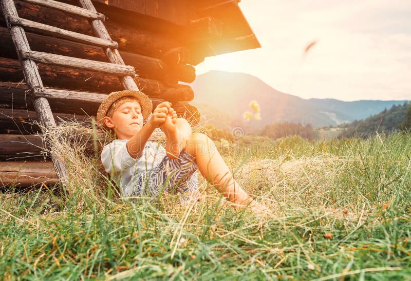 Boy Rest Green Grass Under Hayloft Summer Afternoon Stock Photos - Free ...