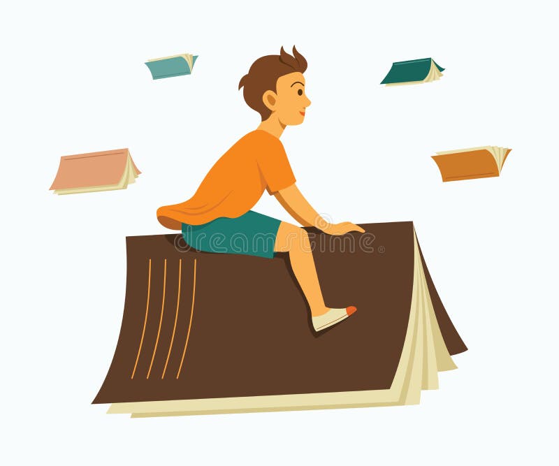 Boy Ride a Book and Enjoy Fly To Learning Journey. Stock Vector ...