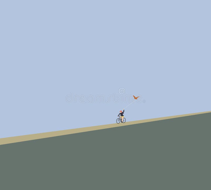 Boy Riding Bicycle with Kite on Sky Down Mountain Hill. Active Leisure ...