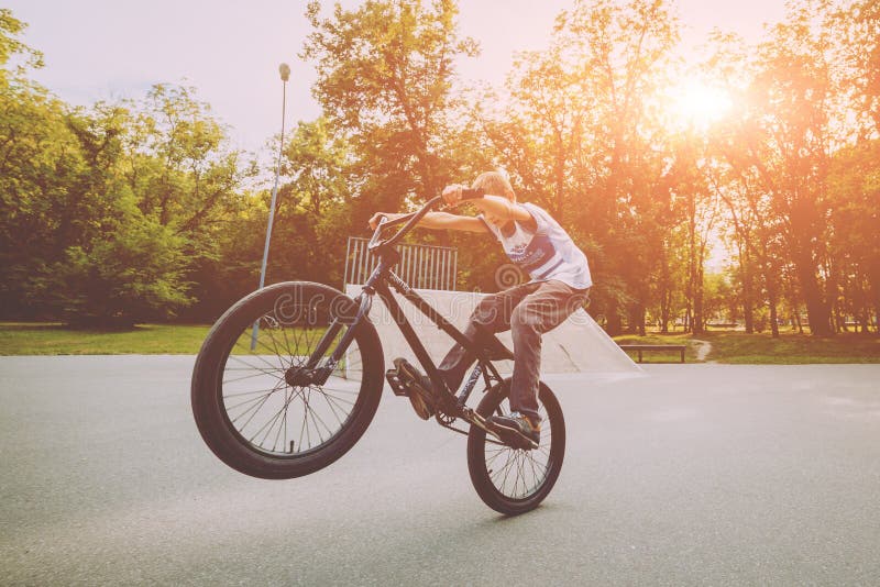 Boy Riding a Bmx in a Park. Stock Photo - Image of pursuit, cyclist ...