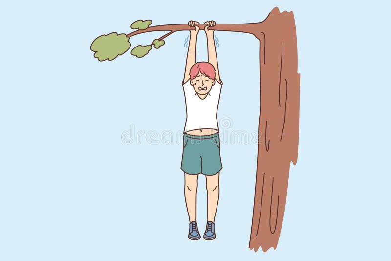 Boy Risks Falling from Tree, Hangs on Branch and Holds on with All ...