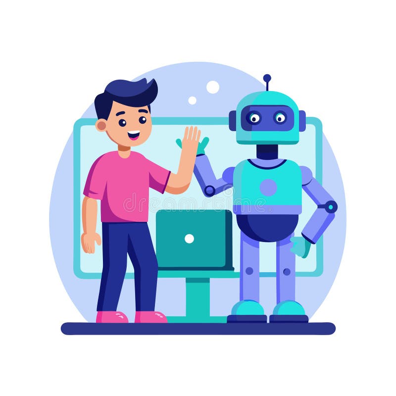 A Boy and a Robot Greeting Each Other with a Wave in a Playful, Bright ...
