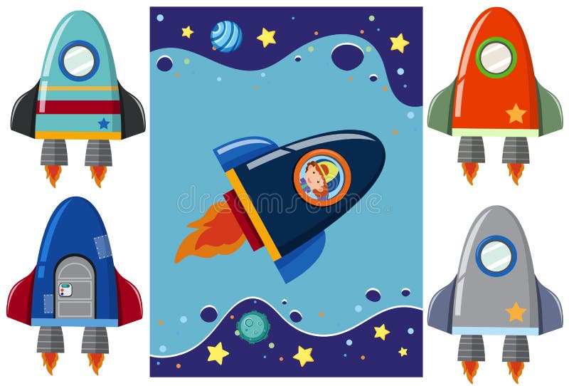Boy in the Rocket and Different Design of Rockets Stock Vector ...
