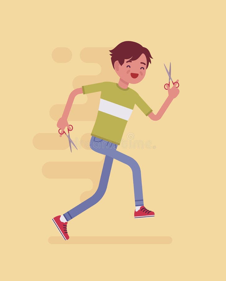 Boy running with scissors stock vector. Illustration of care - 218079415