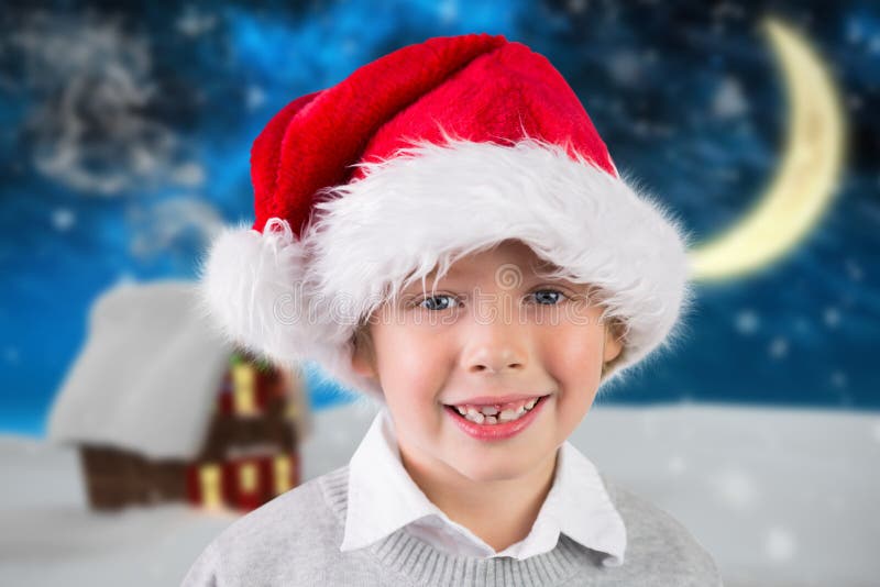 Boy in Santa Hat Smiling at Camera Stock Image - Image of blue, home ...