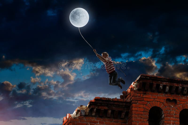 Kid Boy Catching Moon. Mixed Media Stock Photo - Image of adorable ...