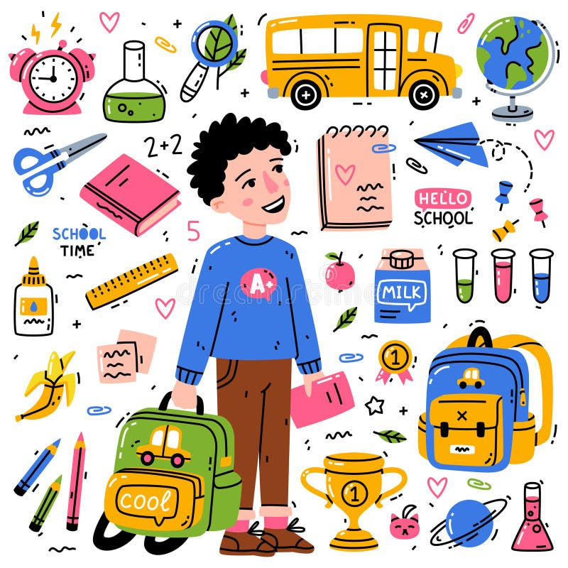 Boy School Pupil with Backpack and Different Supplies Vector Set Stock ...