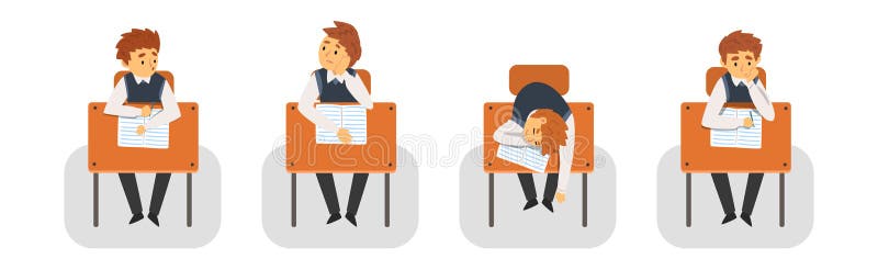 Boy School Pupil Sit at Desk at Lesson Vector Set Stock Vector ...