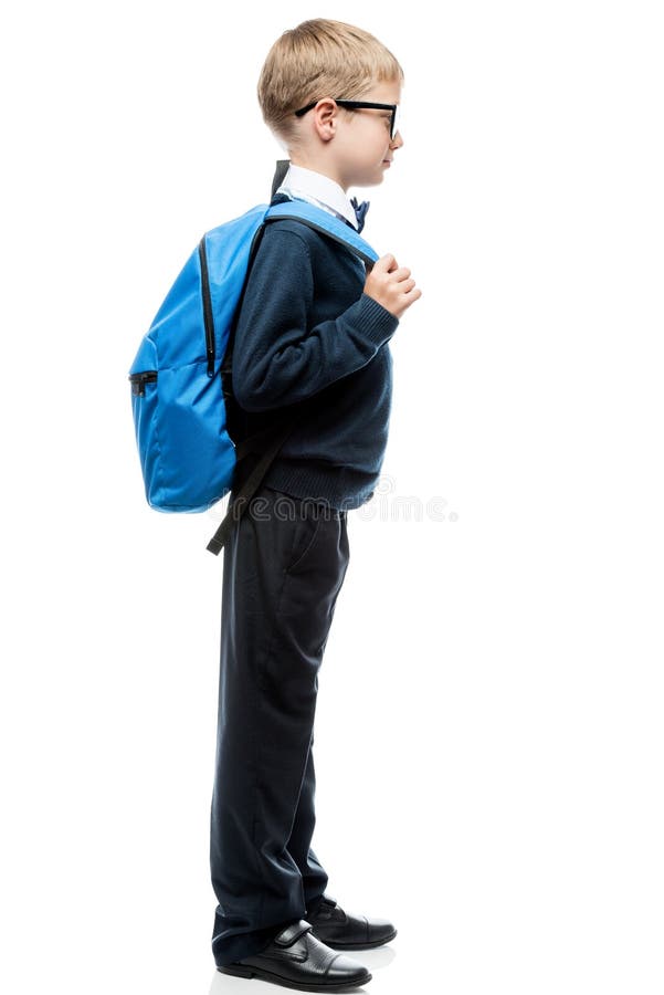 Boy in School Uniform with Backpack in Full Length Side View, Po Stock ...