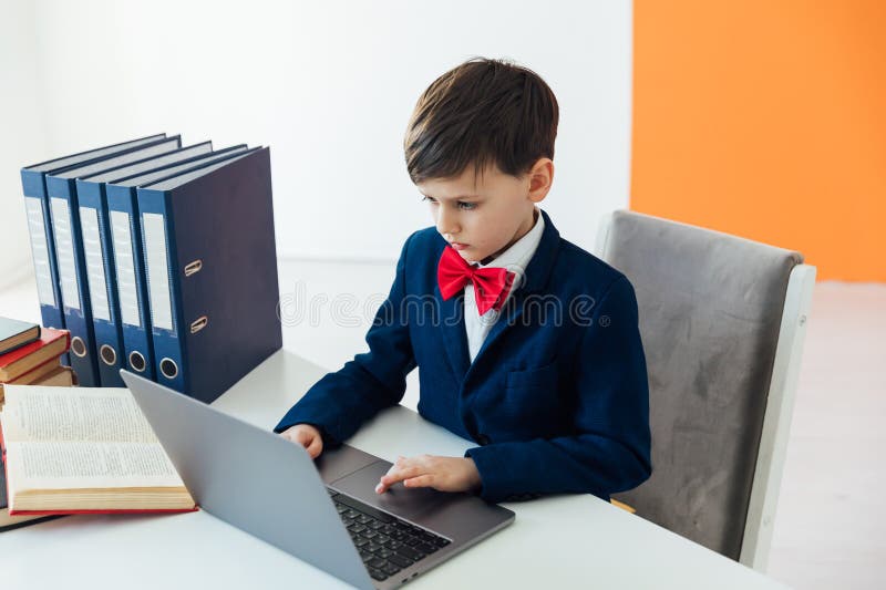Boy Schoolboy Studying at the Computer Online Education Lessons Stock ...