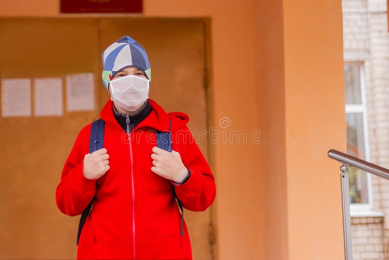 Boy Schoolboy Walks Out of School Wearing Protective Mask Stock Image ... Boy Schoolboy Walks Out of School Wearing Protective Mask Stock Image ...