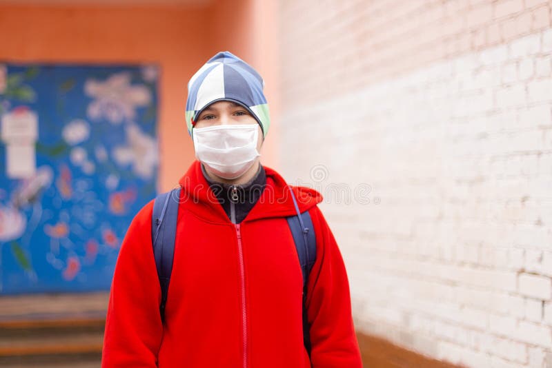 Boy Schoolboy Walks Out of School Wearing Protective Mask Stock Image ... Boy Schoolboy Walks Out of School Wearing Protective Mask Stock Image ...