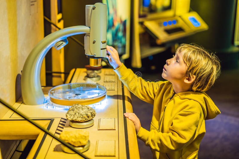 Boy in Science Class with Electron Microscope Stock Photo - Image of ...