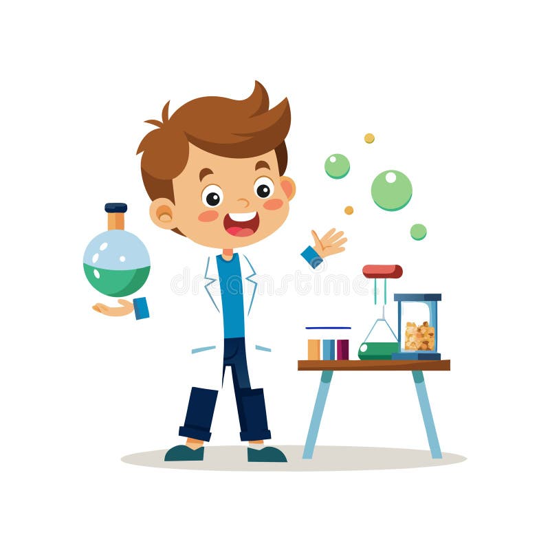 Boy Scientist Doing Experiment with Chemical, Flask, Bubbles, and ...