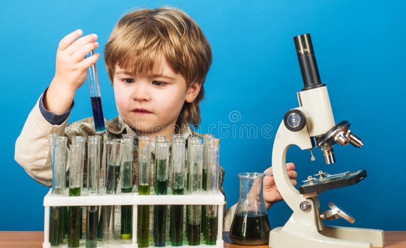 Little Boy Scientist in Laboratory. Educational Experiment. Learning ...