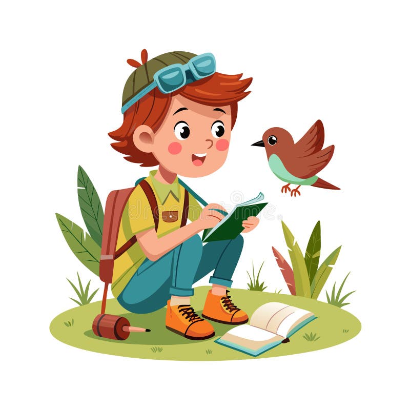 Boy Scout Observes Bird and Takes Notes, Learning about Nature Stock ...