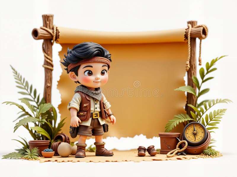 Boy Scout Ready for Expedition Stands Confidently with Map Backdrop ...