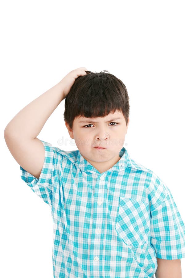 Boy Scratch His Head Isolated on Blue Stock Photo - Image of childhood ...