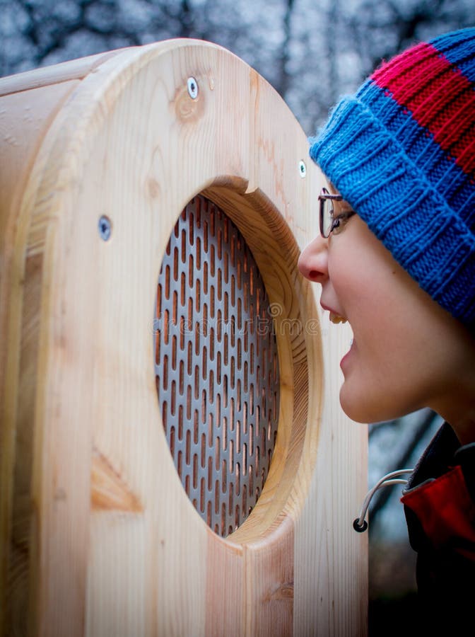 Boy Screaming into a Wooden Box Stock Photo - Image of information ...