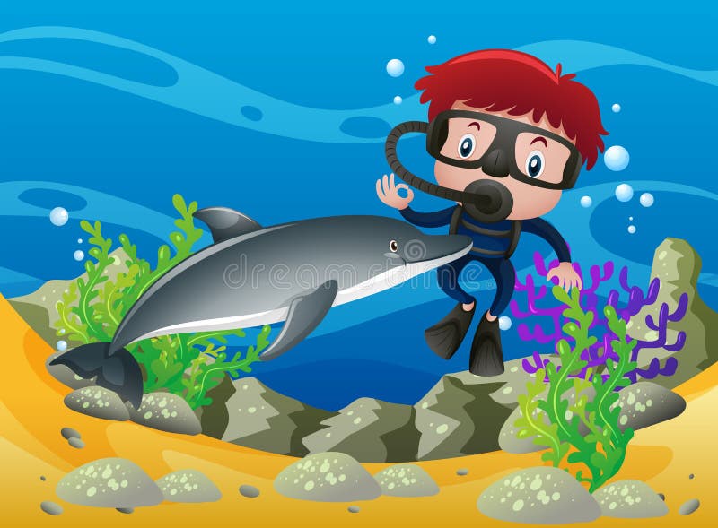 The Boy and the Dolphin in the Sea. Stock Vector - Illustration of fish ...