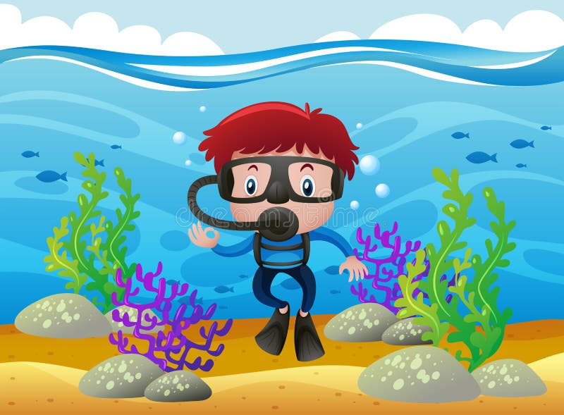 Boy Scuba Diving Under the Ocean with Dolphin Stock Vector ...