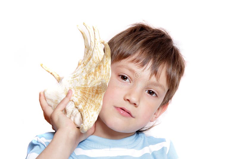 Boy with Sea Shell Over White Stock Photo - Image of people, human ...