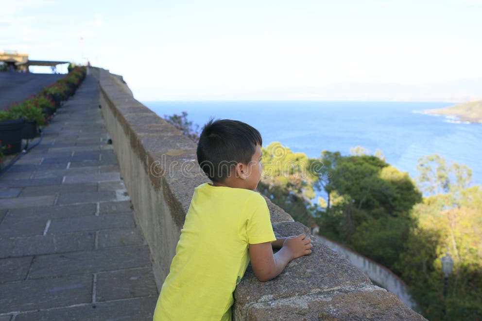 Boy seeing the blue sea stock photo. Image of sandy, portrait - 97172834