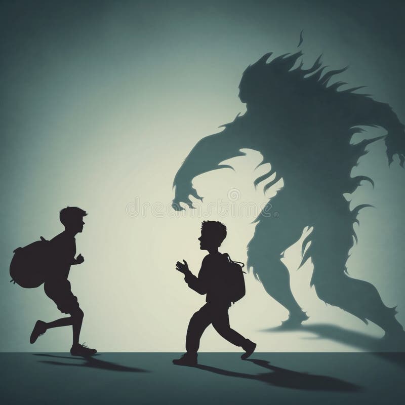 Boy and Shadow Monster Horror Illustration Stock Illustration ...