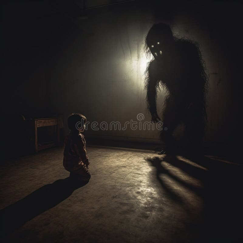 Boy and Shadow Monster Horror Illustration Stock Illustration ...