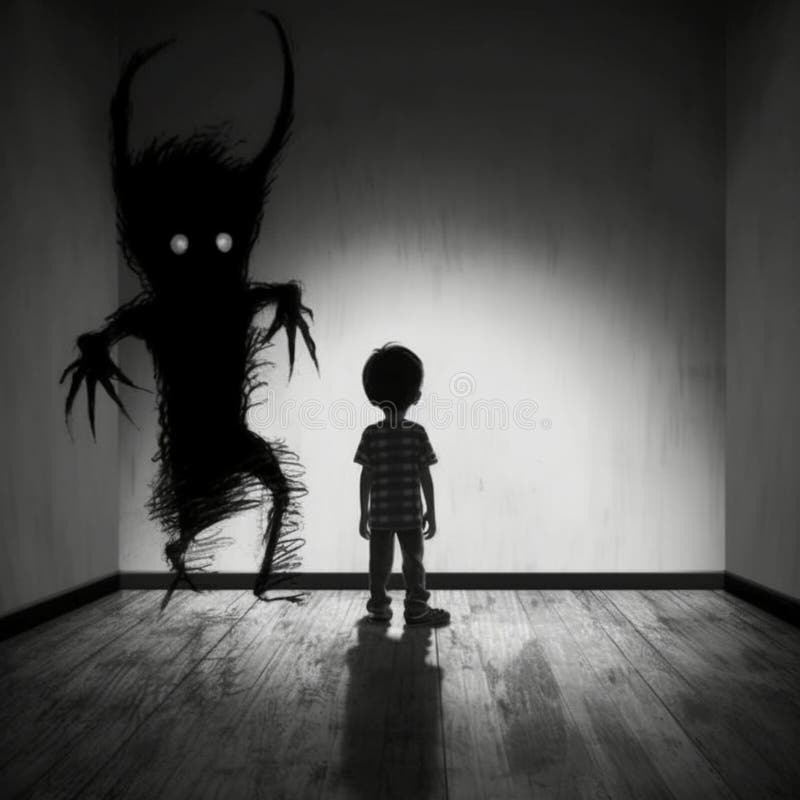 Boy and Shadow Monster Horror Illustration Stock Illustration ...