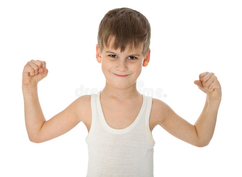 Smiling Sport Child Boy Showing Hand Biceps Muscles Strength Stock ...