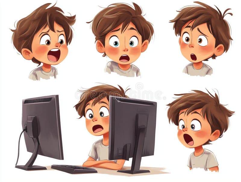 Boy Showing Various Facial Expressions at a Computer Stock Illustration ...