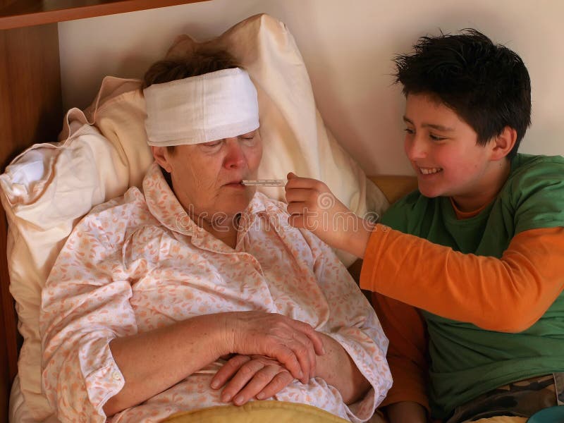Boy and sick old lady stock image. Image of grandson - 23991101