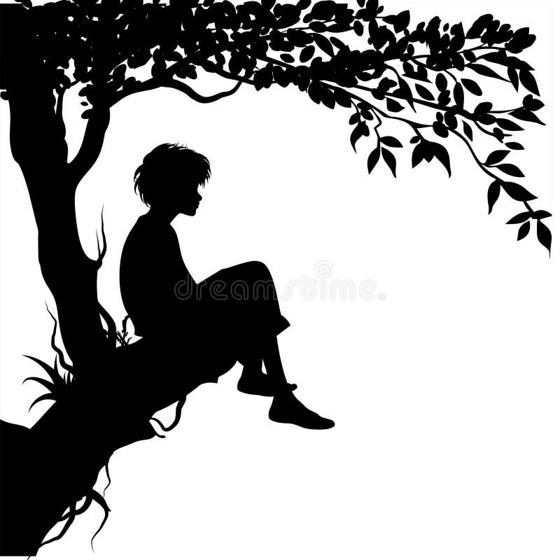 Boy Silhouette Sitting on the Tree, Black and White, Stock Vector ...