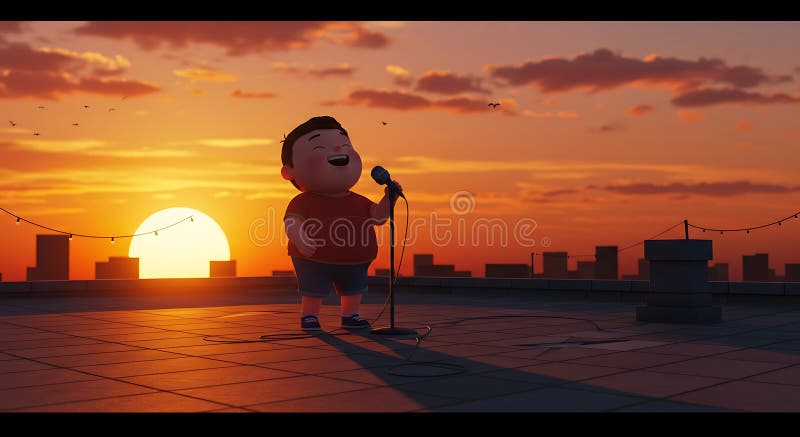 Boy Singing into Microphone on Rooftop at Sunset with Skyline View ...