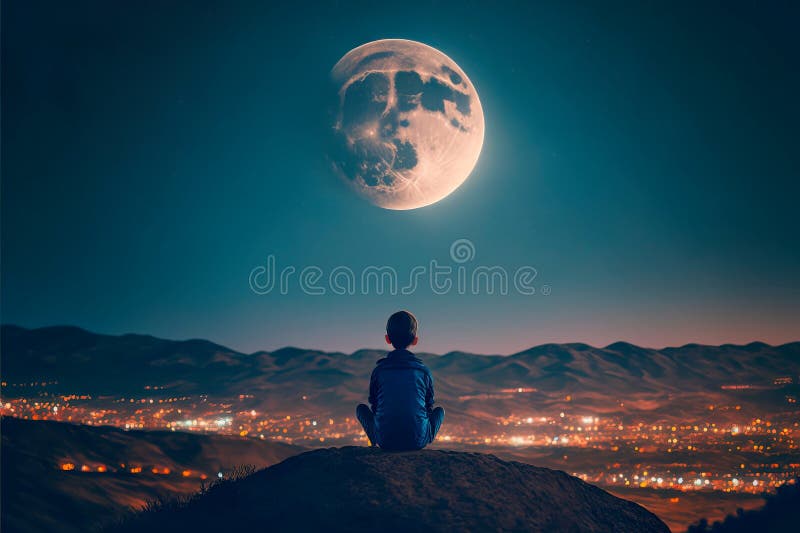 Boy Sit Alone on a Hill Moon Night Background Generative AI Stock ...