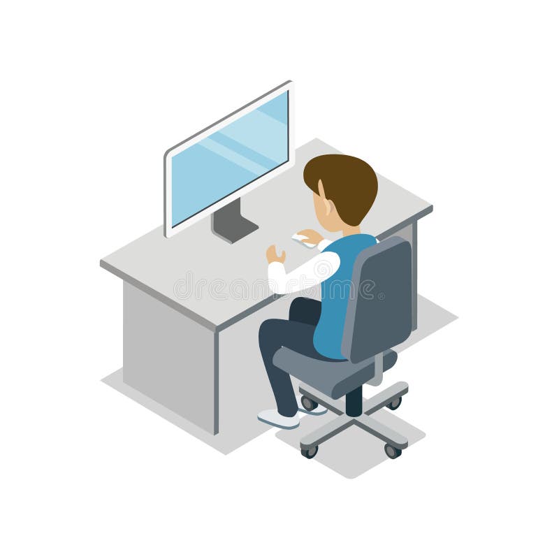 Boy Sit at Desk with Computer Isometric Icon Stock Illustration ...
