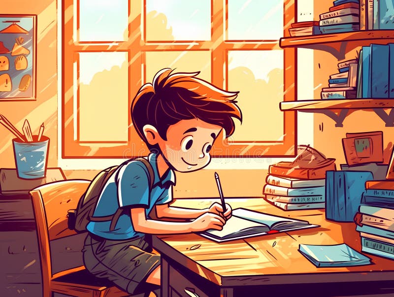 The Boy Sits at the Table and Does His Homework. Stock Photo - Image of ...