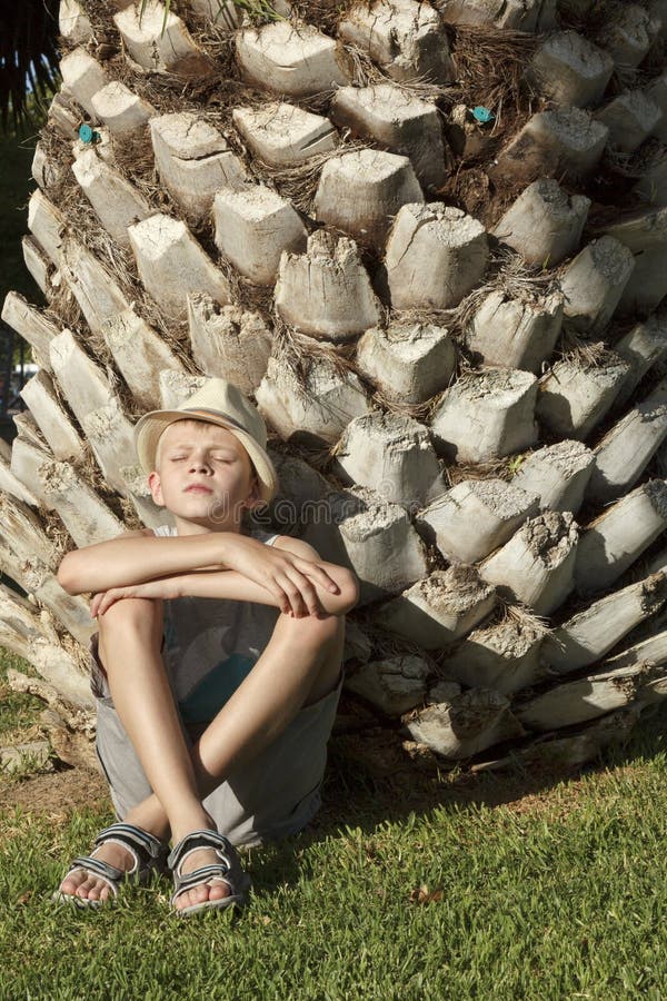 Boy sits under palm tree stock photo. Image of plant - 259698730