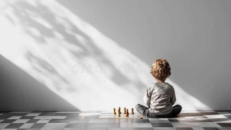 Boy Sitting Alone in Empty Room with Chessboard Looking Away from ...