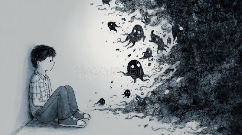 Boy Sitting Alone Facing Abstract Shadows Representing Emotional ...