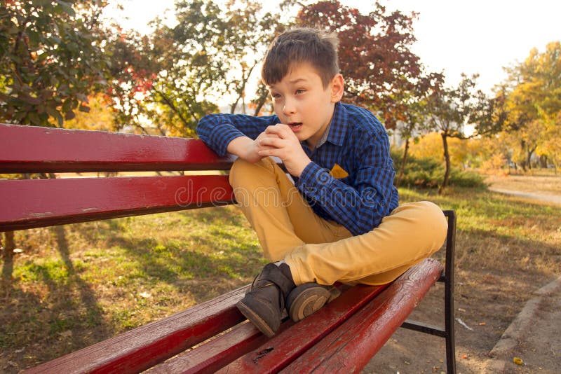 Boy sitting on the bench stock photo. Image of orange - 129750418