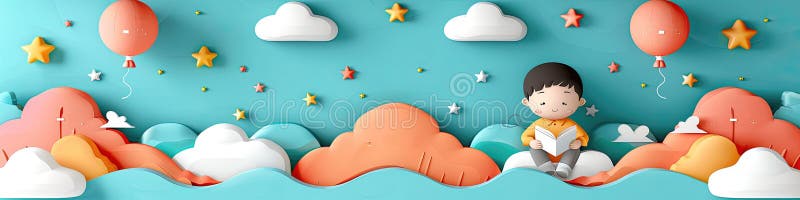 A Boy is Sitting on a Cloud Reading a Book Stock Illustration ...