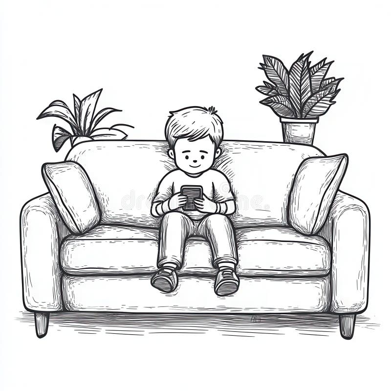 A Boy Sitting on a Couch with a Remote Control Stock Illustration ...