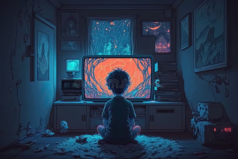 Boy Sitting in a Dark Room with Computer Game on TV, Addictive To Game ...