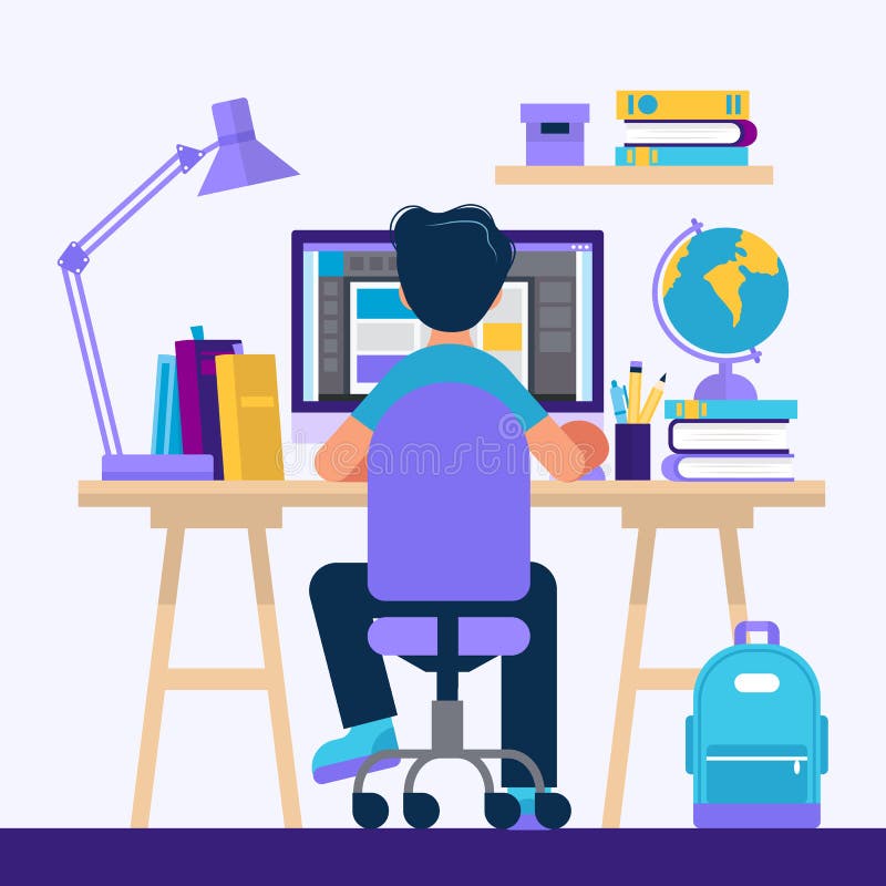 Boy Sitting at the Desk, Learning with Computer. Concept Illustration ...